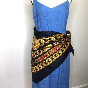 CHANEL | Accessories | Authentic Chanel Silk Scarf Navy And Gold | Poshmark